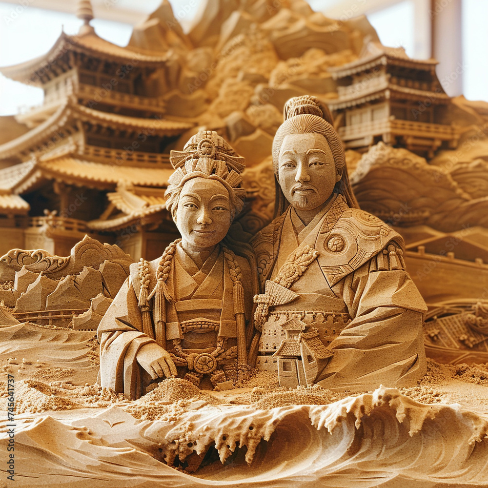 Sand depictions of Izanagi and Izanami creating the islands an ...