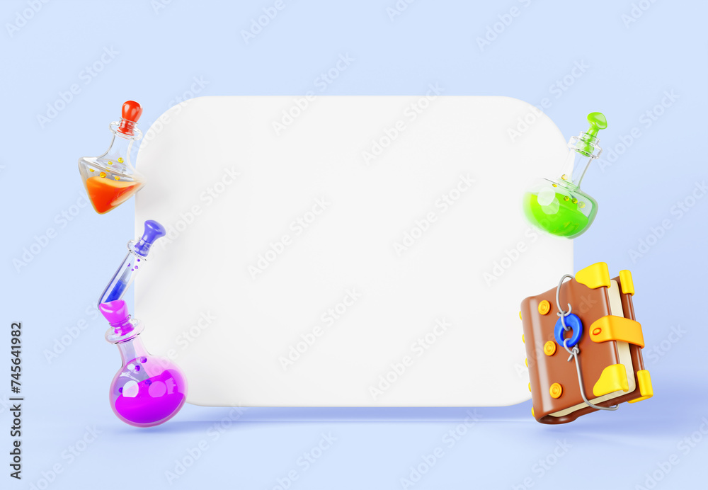 Cartoon magic poster, blank whiteboard with magician spell book and ...