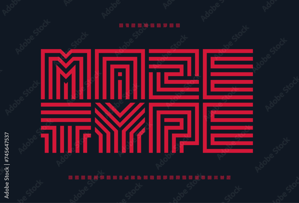 Square maze alphabet, bold geometric letters, unique puzzle font for ...