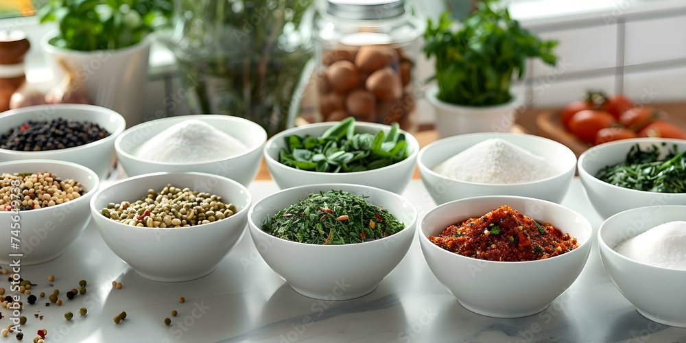 Various bowls filled with food ingredients aligned on kitchen ...