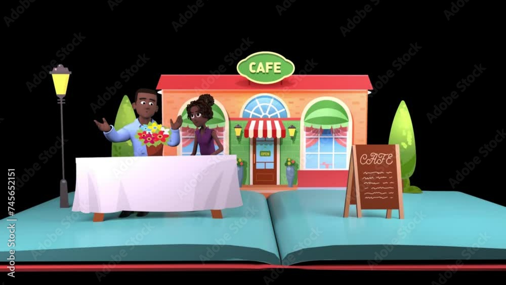 A couple is sitting on a cafe on a pop-up book. 3d animated cartoon ...