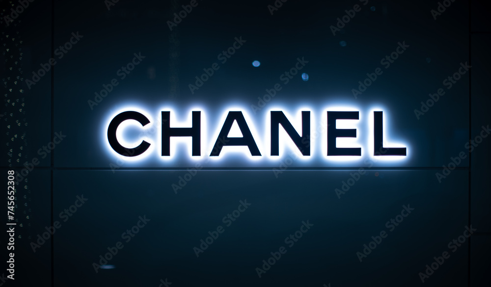 BEVERLY HILLS - February 25, 2024: Chanel logo glowing in the dark on ...
