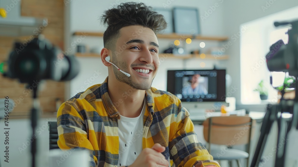Arab male blogger promoting new model of wireless earphones, filming ...