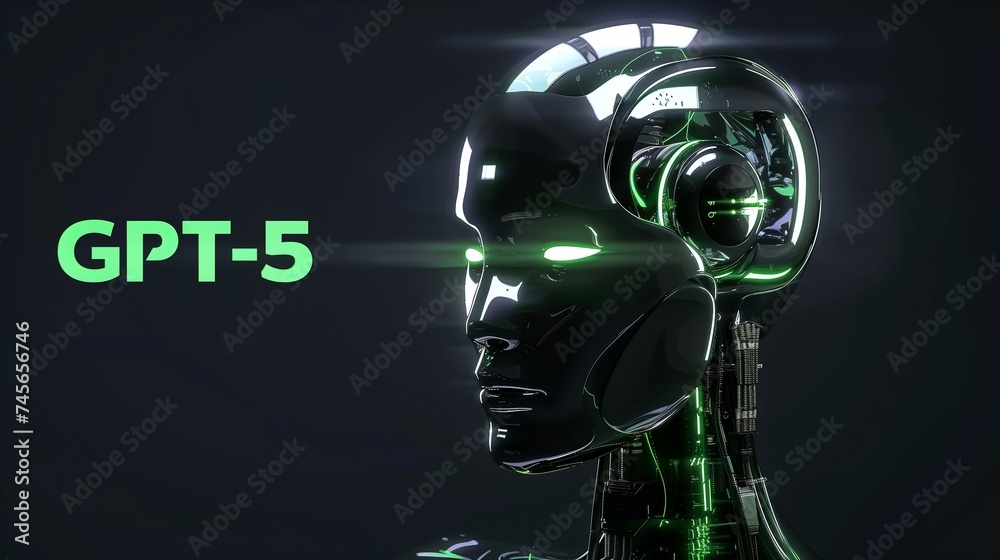 A futuristic representation of Chat GPT 5 concept featuring a glossy humanoid robot head ...