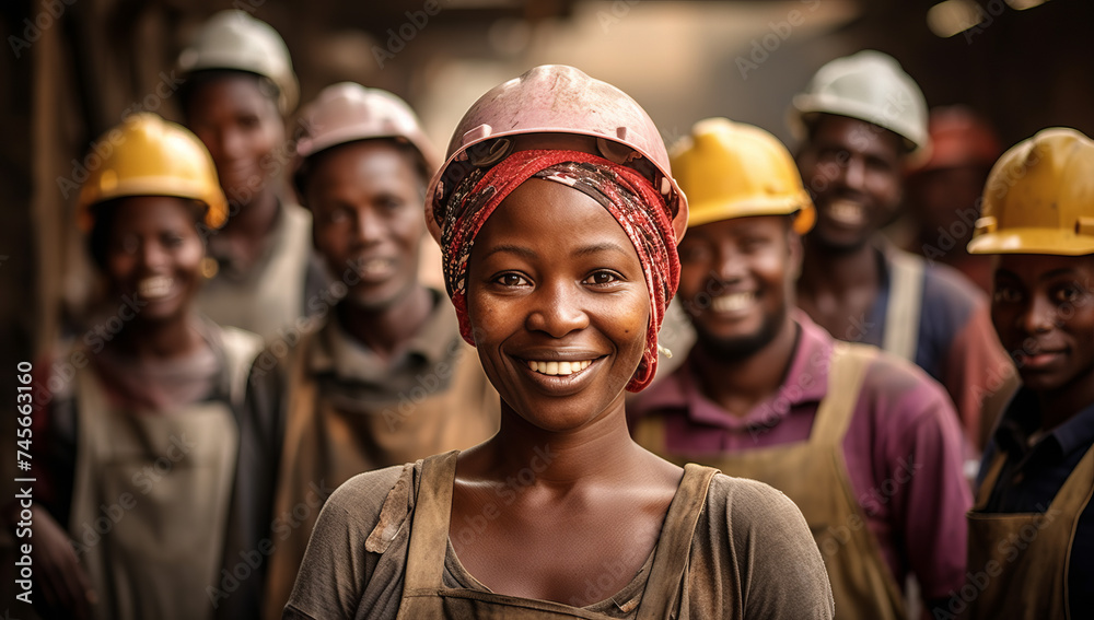 A group of happy smiling black african construction workers in hard ...