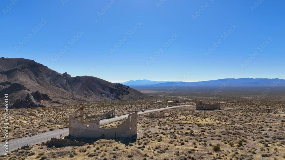 Aerial-Skeletal remains of buildings in the ghost town of Ryolite ...
