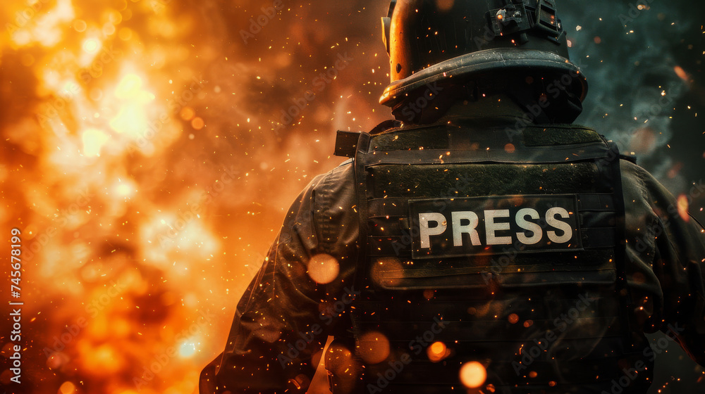 War reporter concept image with back of a reporter with written press ...