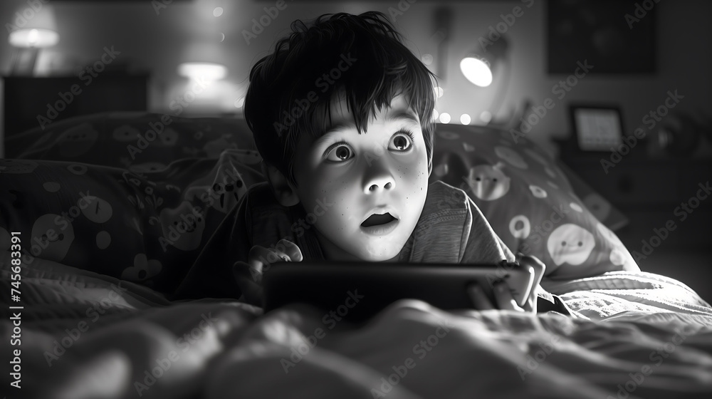 Boy surfing the internet in bed at night, mobile phone addiction, black ...