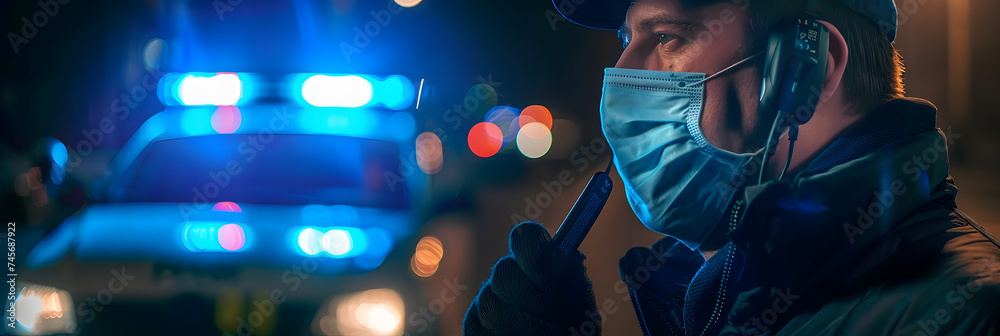 Police man with surgical mask talking with walkie talkie Stock ...