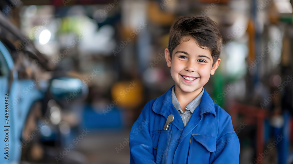 Portrait of a cute little car mechanic boy. Male preschool kid wearing ...