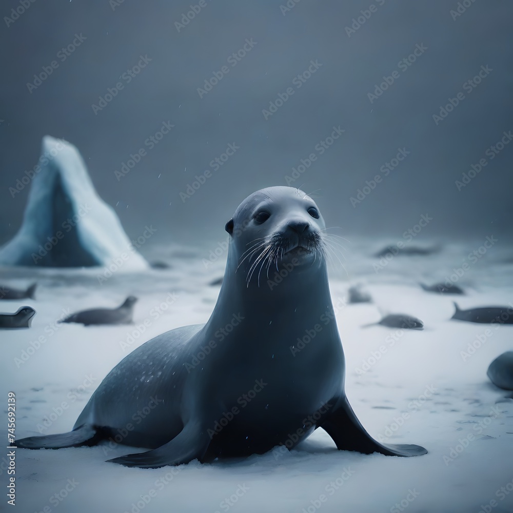 A group of seals is huddled together on a snowy surface, their curious ...
