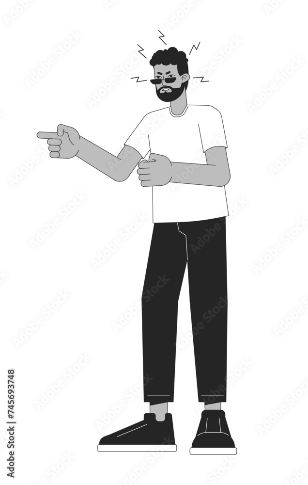 Black man shouting black and white 2D line cartoon character. Bad mood ...