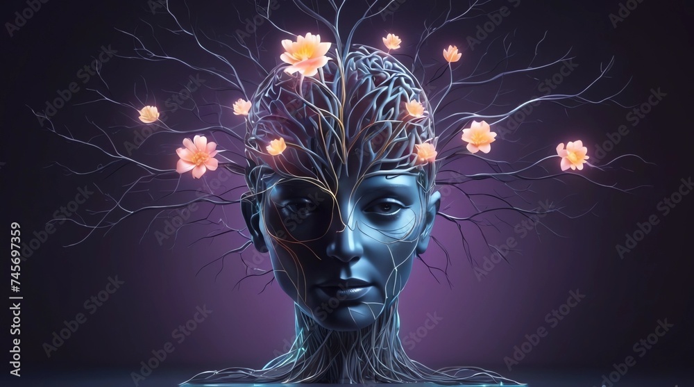 human brain tree model face with glowing pulses and cut electrical ...