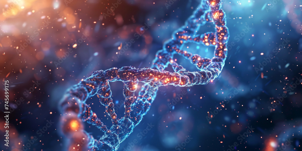 Luminous fantasy DNA spiral, in blue, gold hues, twisting against ...