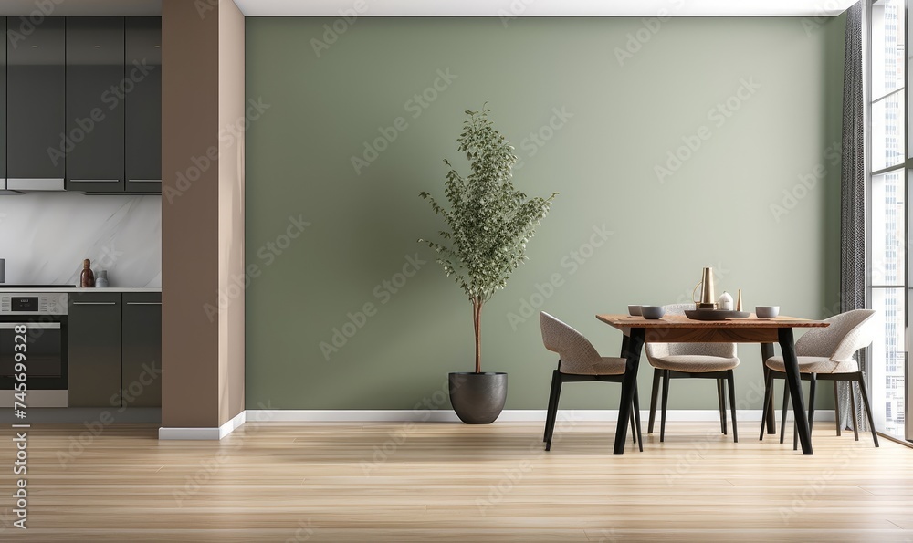 Blank sage green wall partition, white baseboard on parquet floor in ...