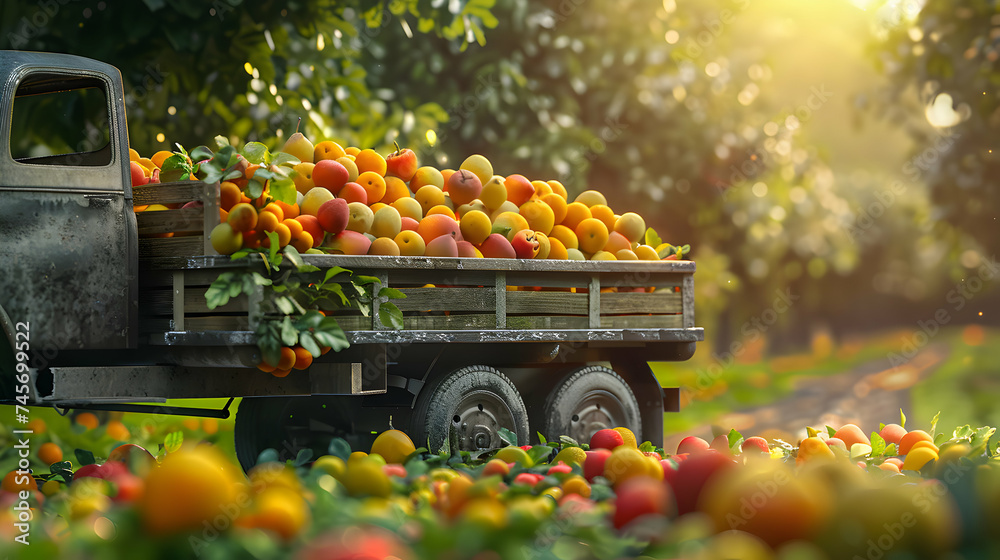Vintage truck carrying various types of fruits in an orchard with ...