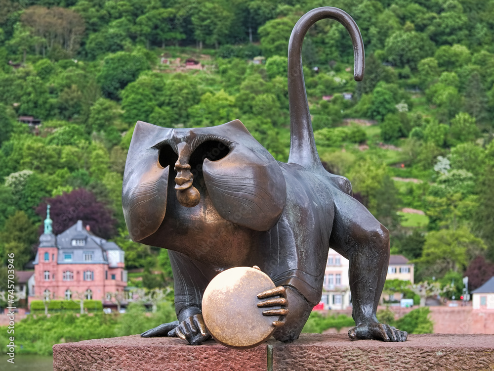 Heidelberg, Germany. Bridge Monkey bronze sculpture by Gernot Rumpf ...