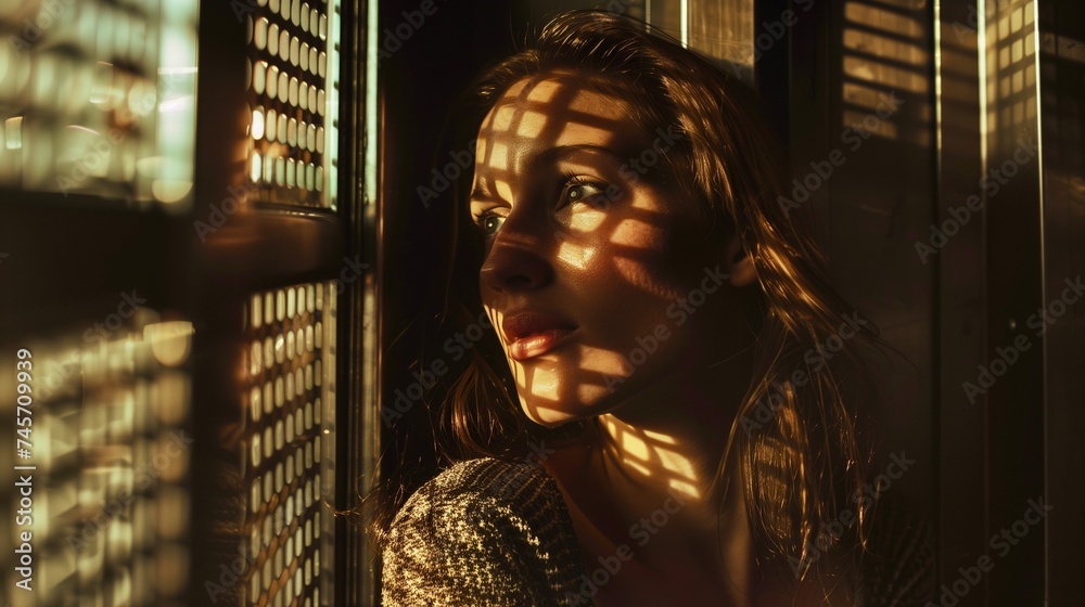 anxious female figure in a classic elevator metal grate sliding doors ...
