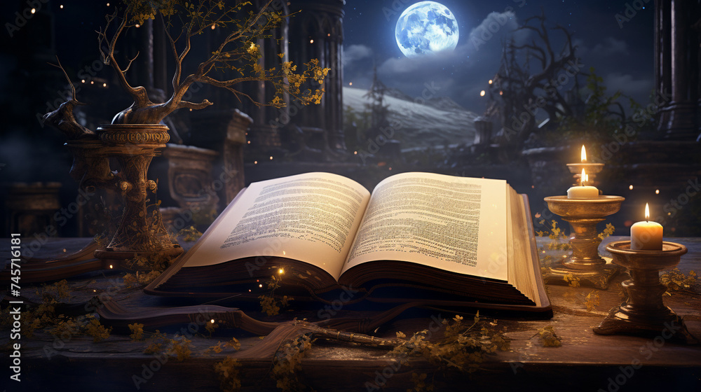 Mystical book on an altar, bathed in moonlight, its pages alive with ...
