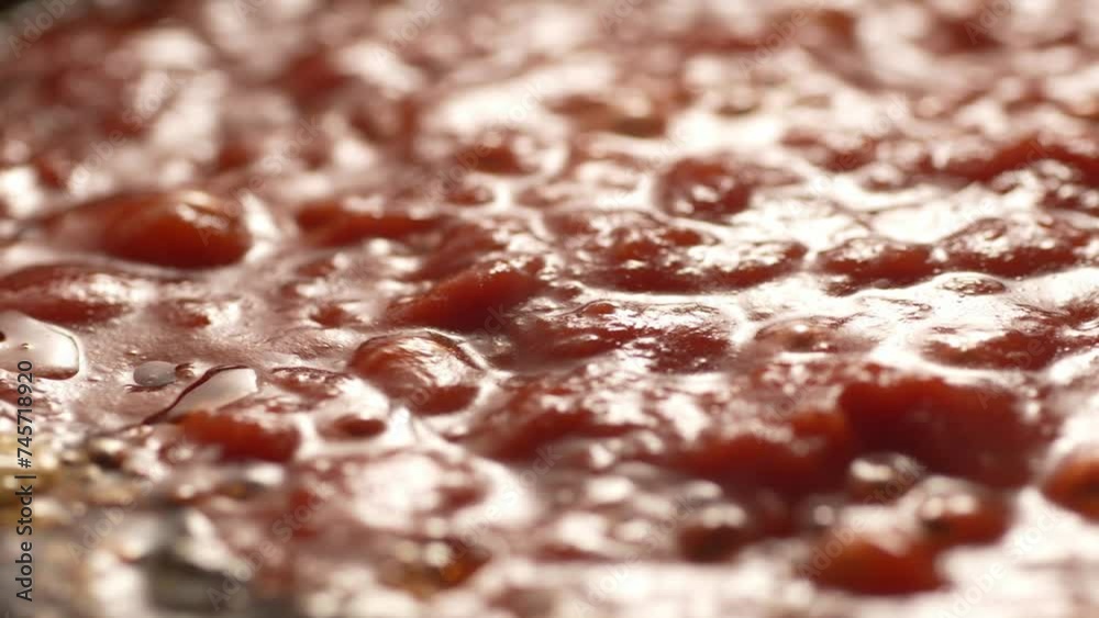 Dolly shot of Bubbling tomato sauce With Garlic. Step of Recipe Fried ...