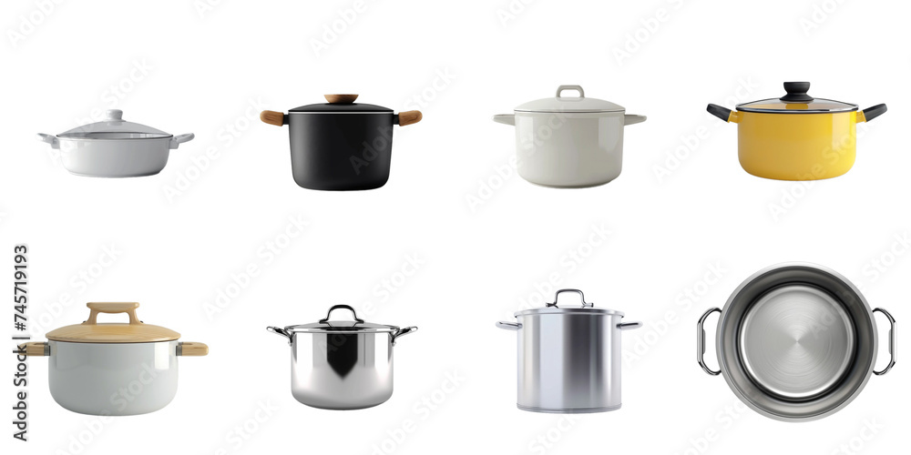 Pot set collection in 3d png transparent no background for product ...