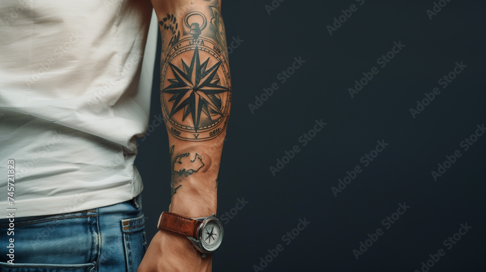 A UHD image showcasing a man's forearm tattoo of an ornate compass rose ...