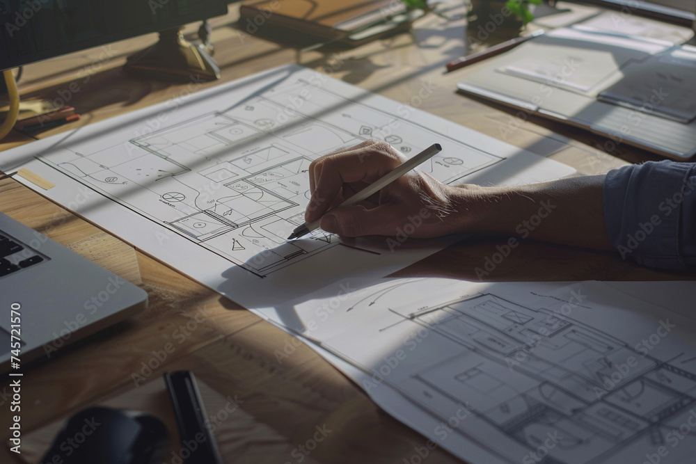 engineer drawing a blueprint, drawing blueprint, close up of a person ...