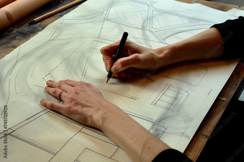 engineer drawing a blueprint, drawing blueprint, close up of a person ...