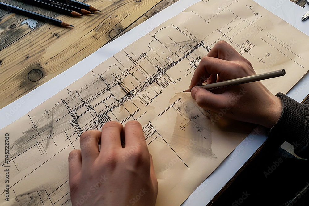 engineer drawing a blueprint, drawing blueprint, close up of a person ...