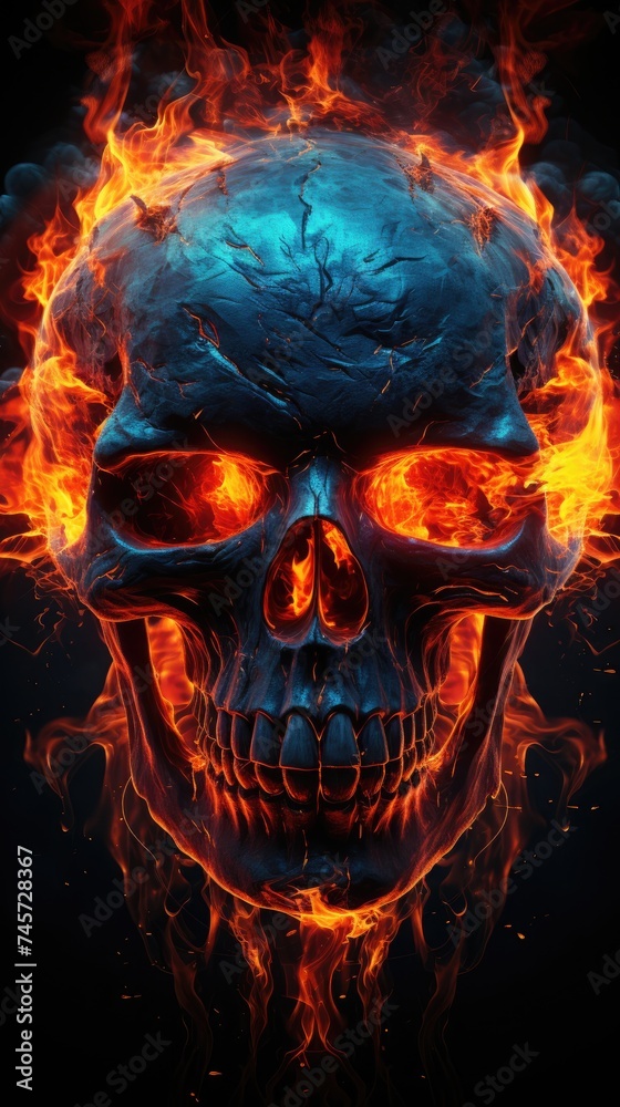A skull with fiery blue flames emanating from its eye sockets and mouth ...
