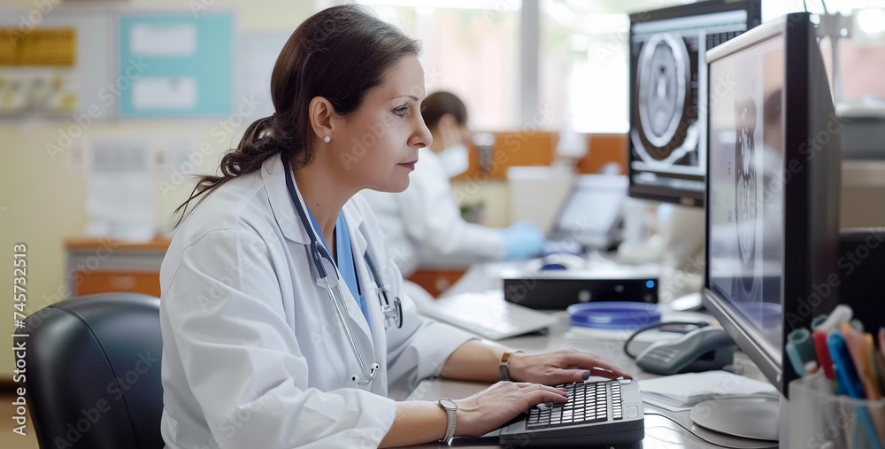 Female doctor working on computer in doctor's office, looking at MRI ...