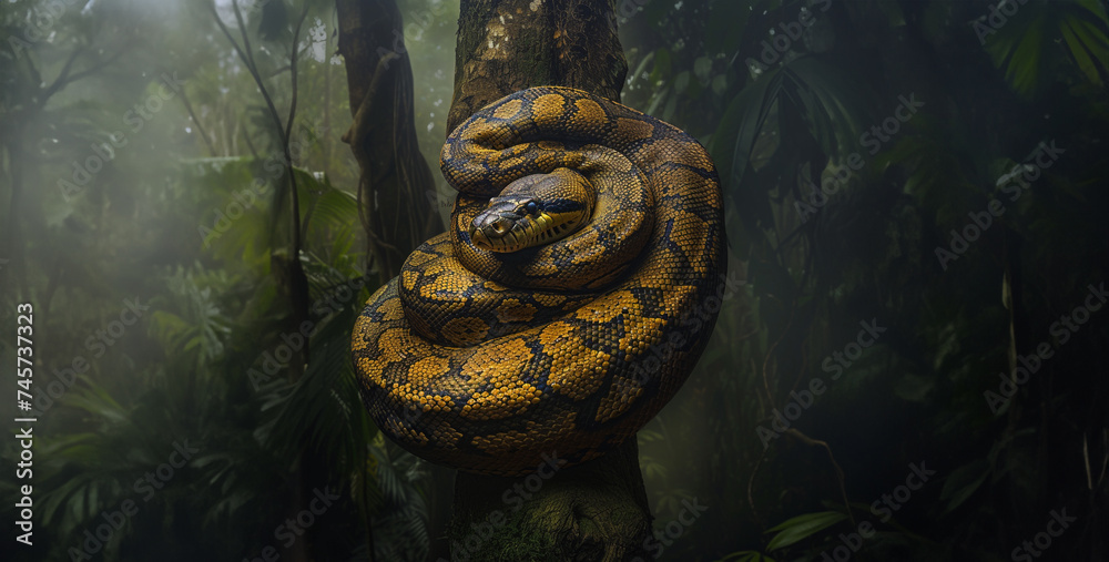 a magnificent anaconda coiled around a tree trunk in the heart of the ...