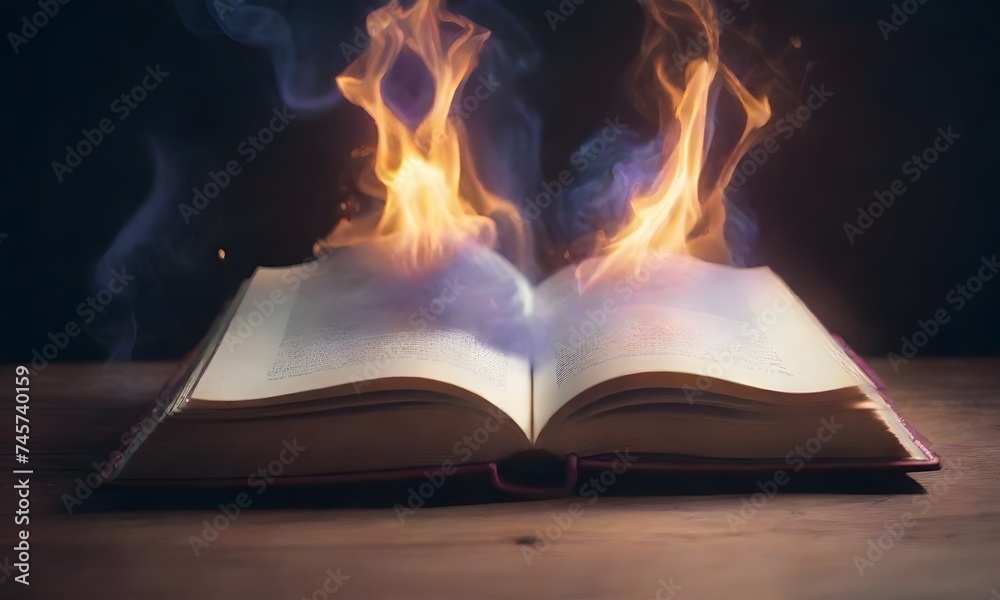 An open book radiates a mystical purple aura and fire, suggesting an ...