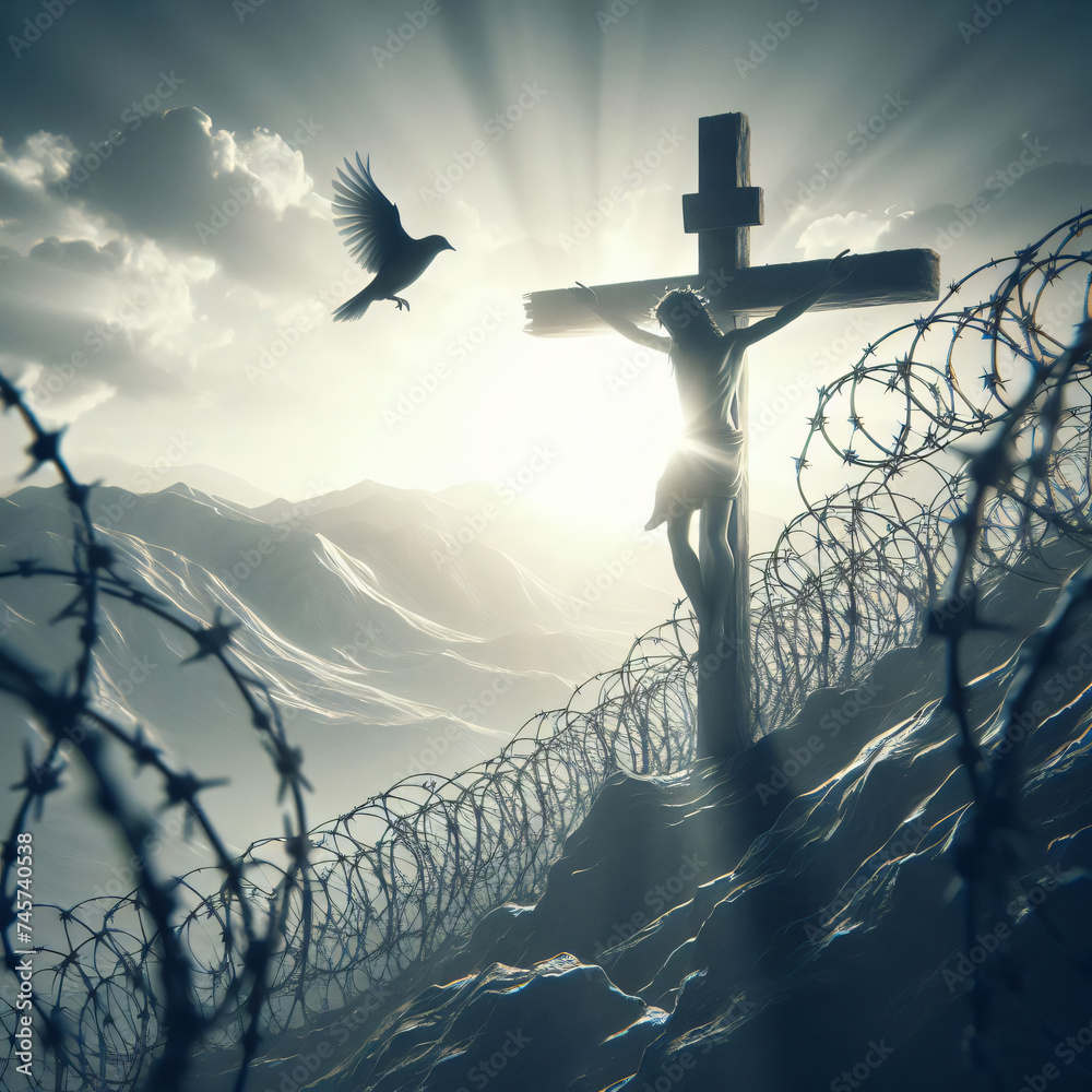 Jesus Christ crucified on a cross with a bird flying over him ...