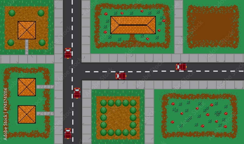 Pixel art of a city seen from above or top down view consisting of red ...