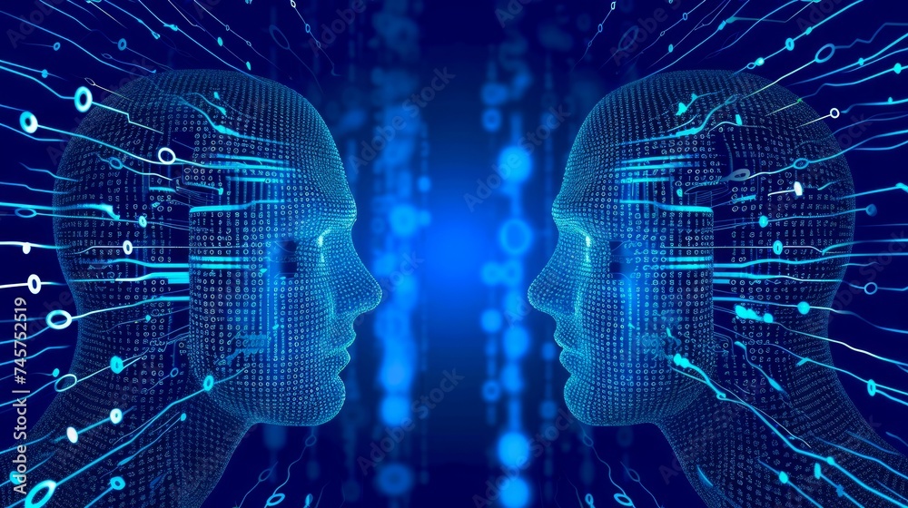 Two silhouetted human profiles facing each other against a digital blue ...
