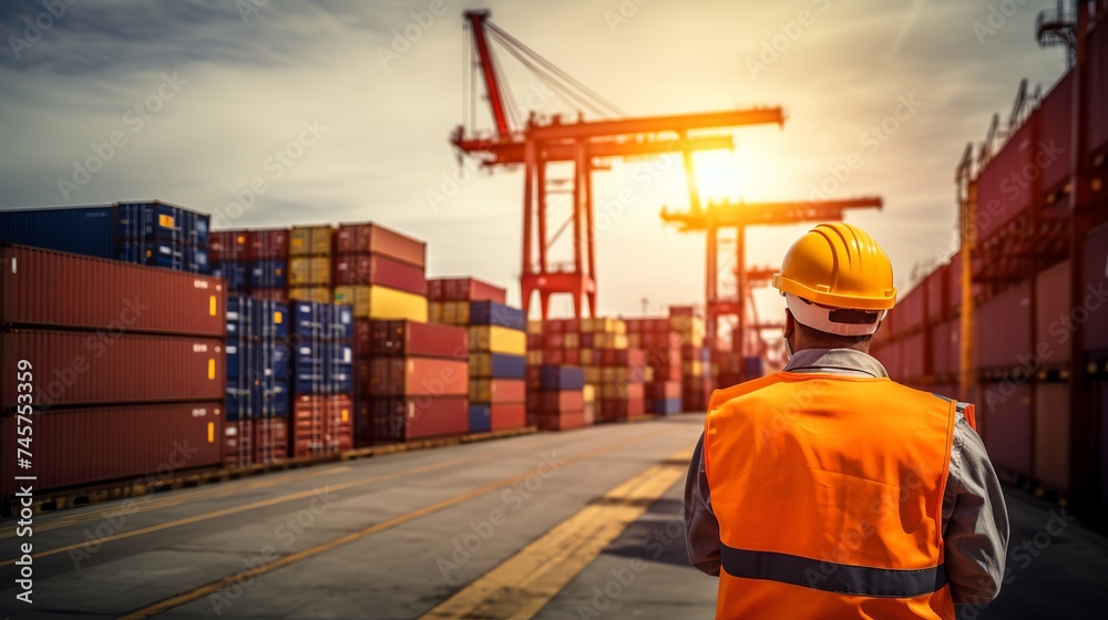 Foreman control loading Containers box from Cargo freight ship for ...