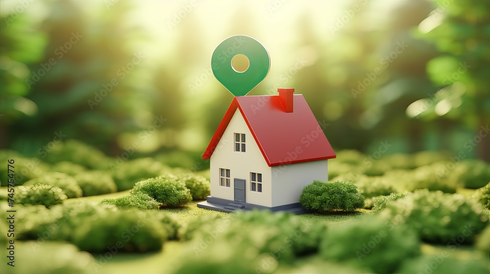 House symbol with location pin icon on earth and green grass in real ...