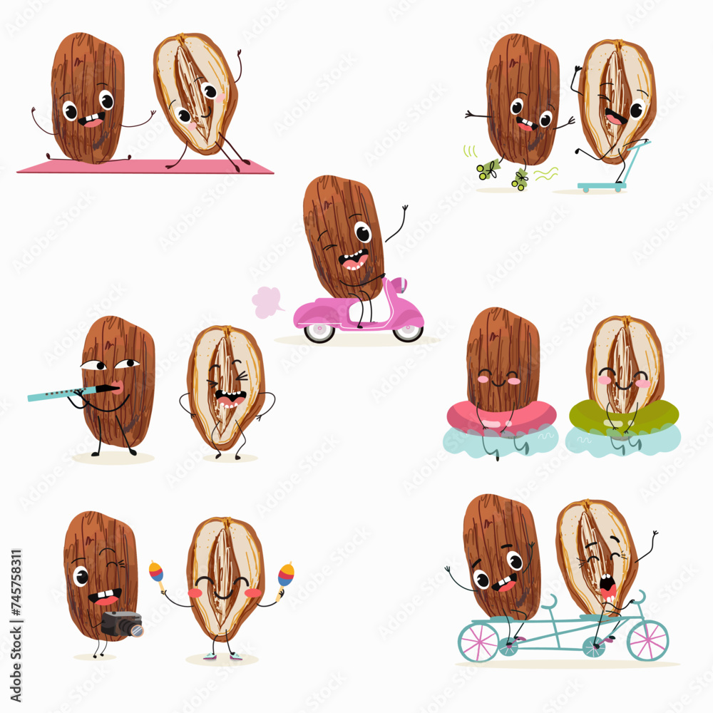 Cute cartoon dates, date fruit characters set, collection. Flat vector ...