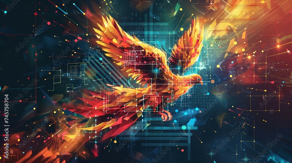 an illustration of a digital phoenix rising from pixelated ashes ...