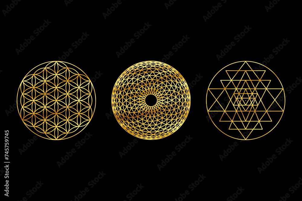 Sacred Geometry Gold Symbols on Black Background. Sri Yantra, Flower Of ...