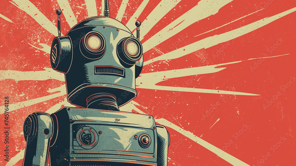 Retro Futuristic Robot Illustration with Vintage Sunburst Background in ...
