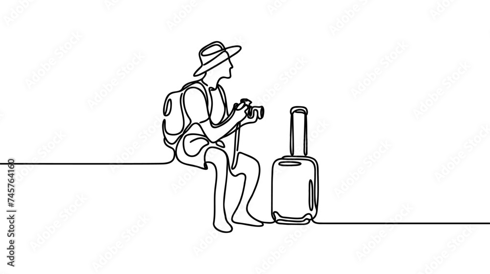 Continuous line drawing of traveler, tourist. Single one line art ...