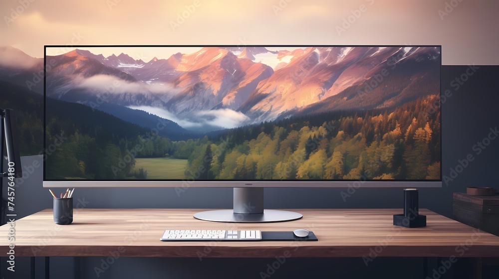 Isolated ultra-wide curved monitor with a stunning desktop wallpaper ...