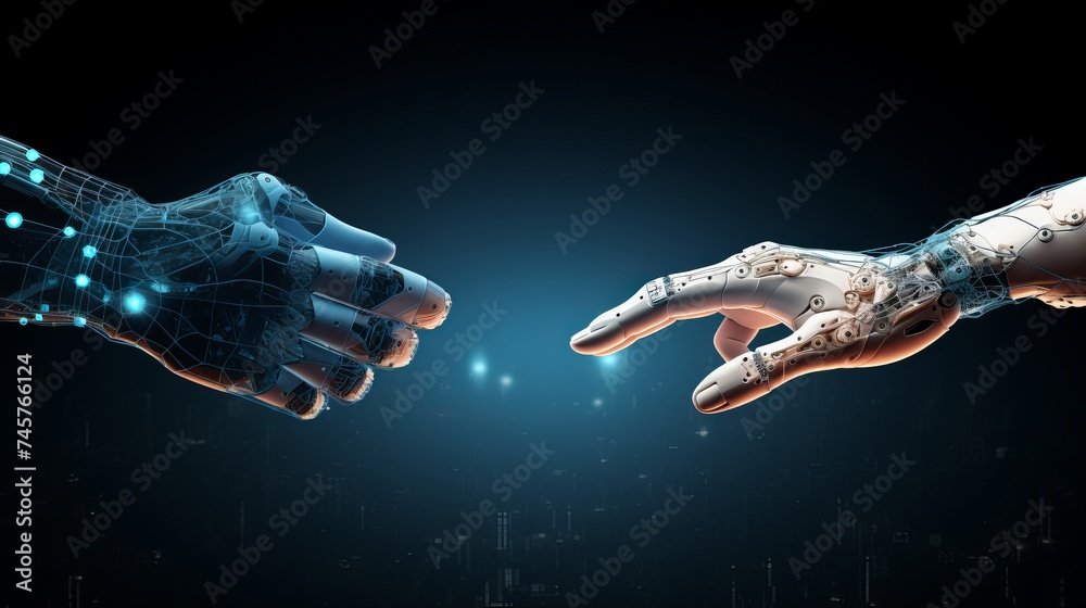3D rendering of robot hand vs human hand touching digital world and ...