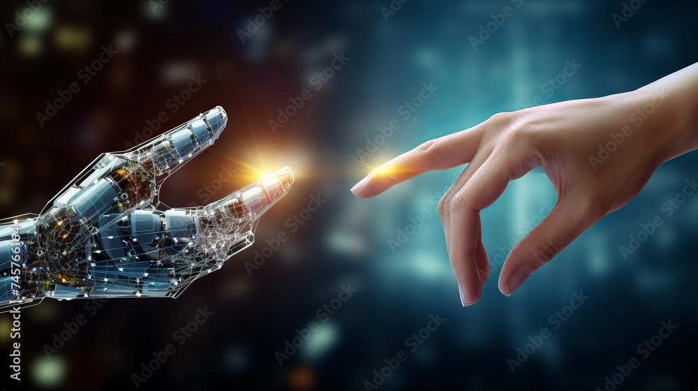 3D rendering of robot hand vs human hand touching digital world and ...