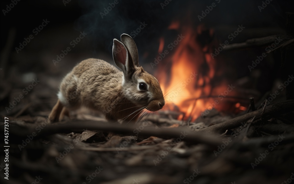 the hare is running away, trying to escape from a strong fire, there is ...