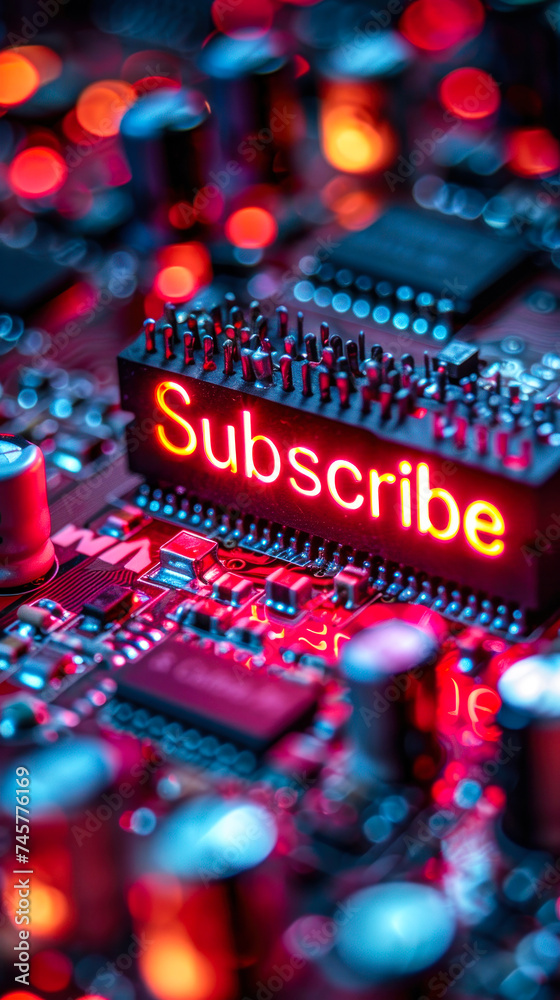 Illuminated Subscribe button on a vibrant circuit board, digital ...