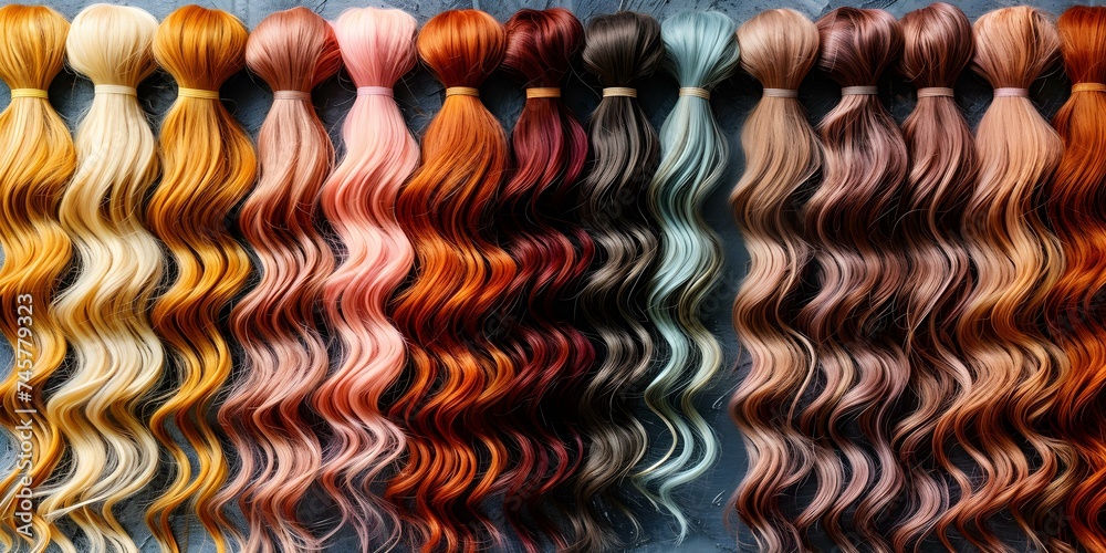Hair color samples aligned in a tidy row on display board. Concept Hair ...