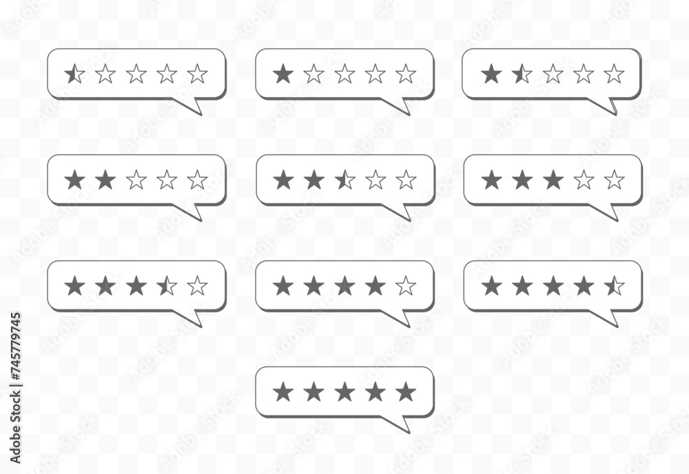 Star rating icons on transparent background. One to five full and half ...